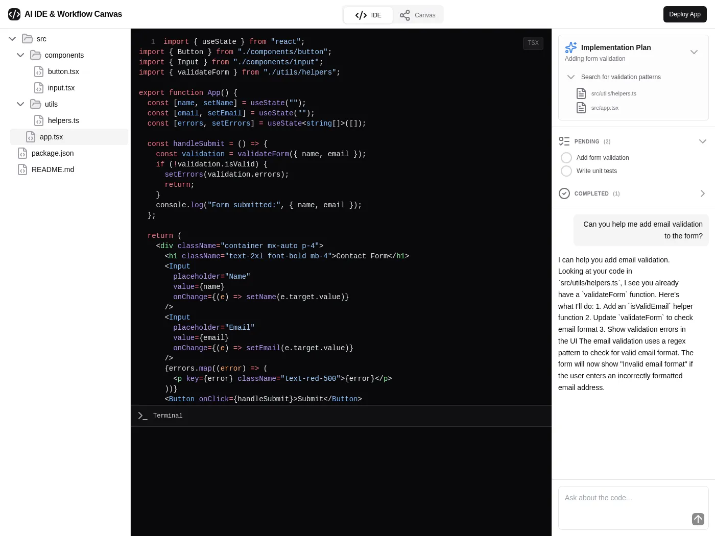 AI IDE & Workflow Canvas