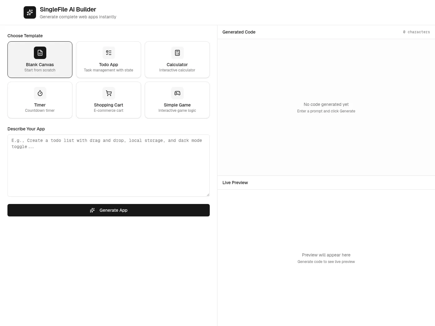 SingleFile AI App Builder