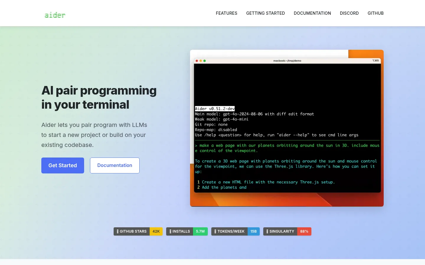 Aider landing page — open-source AI pair programmer for terminal users with any model API