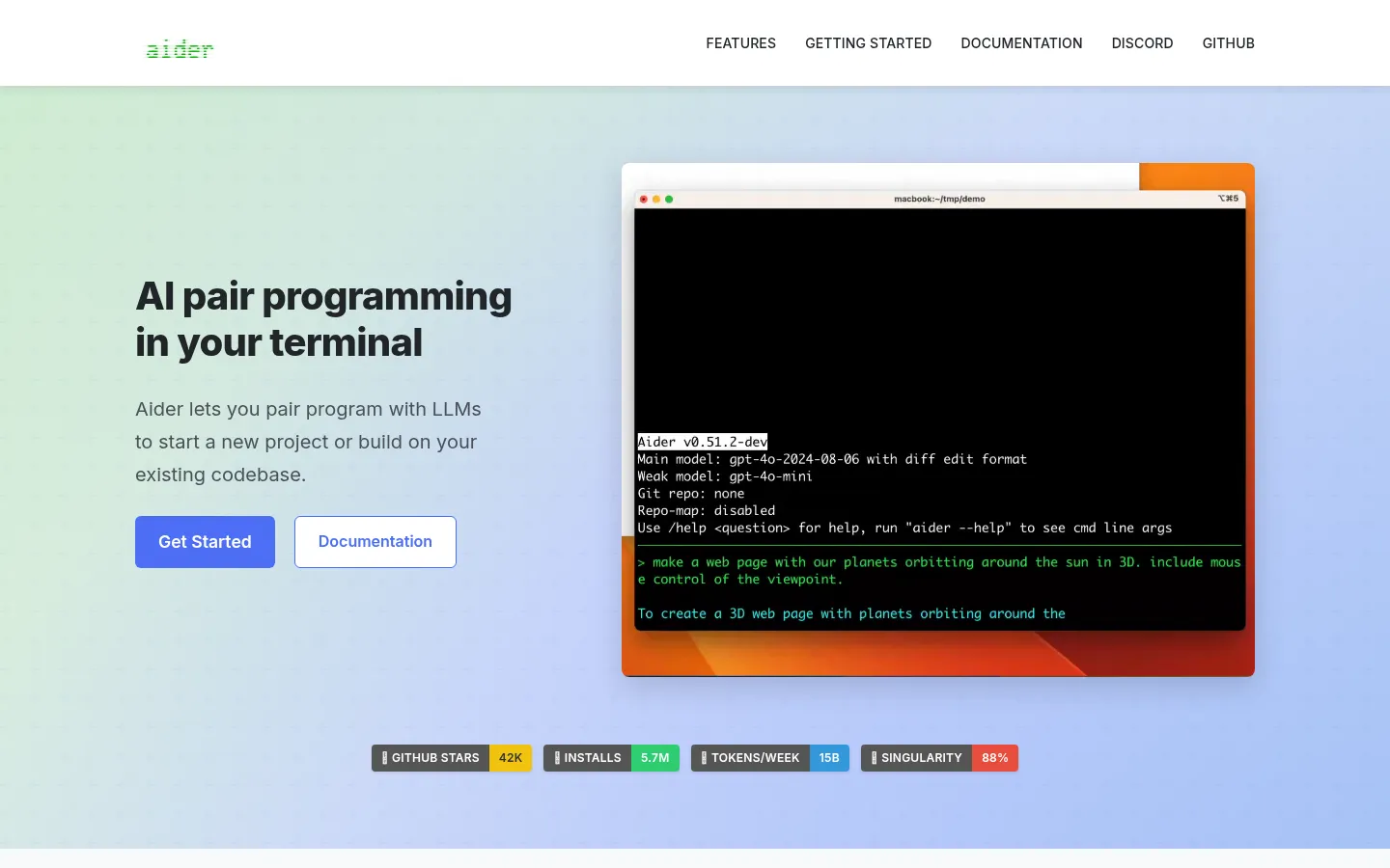 Aider landing page — open-source AI pair programmer for terminal users with BYO model API