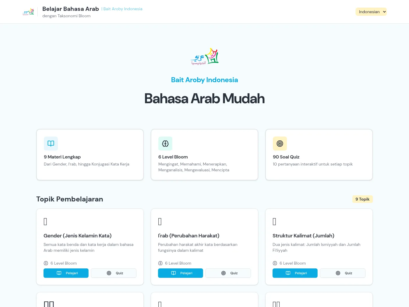 Aplikasi Belajar Bahasa Arab dengan Taksonomi Bloom dan Quiz Interaktif