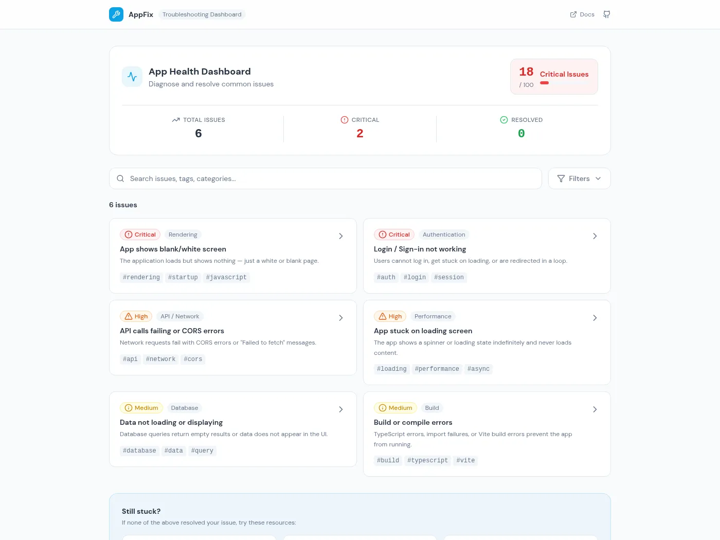 App Troubleshooting Dashboard