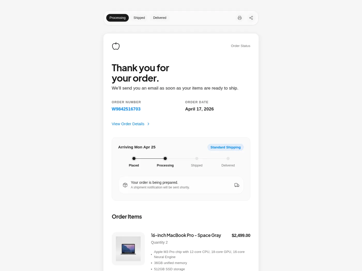 Apple Order Confirmation Mockup