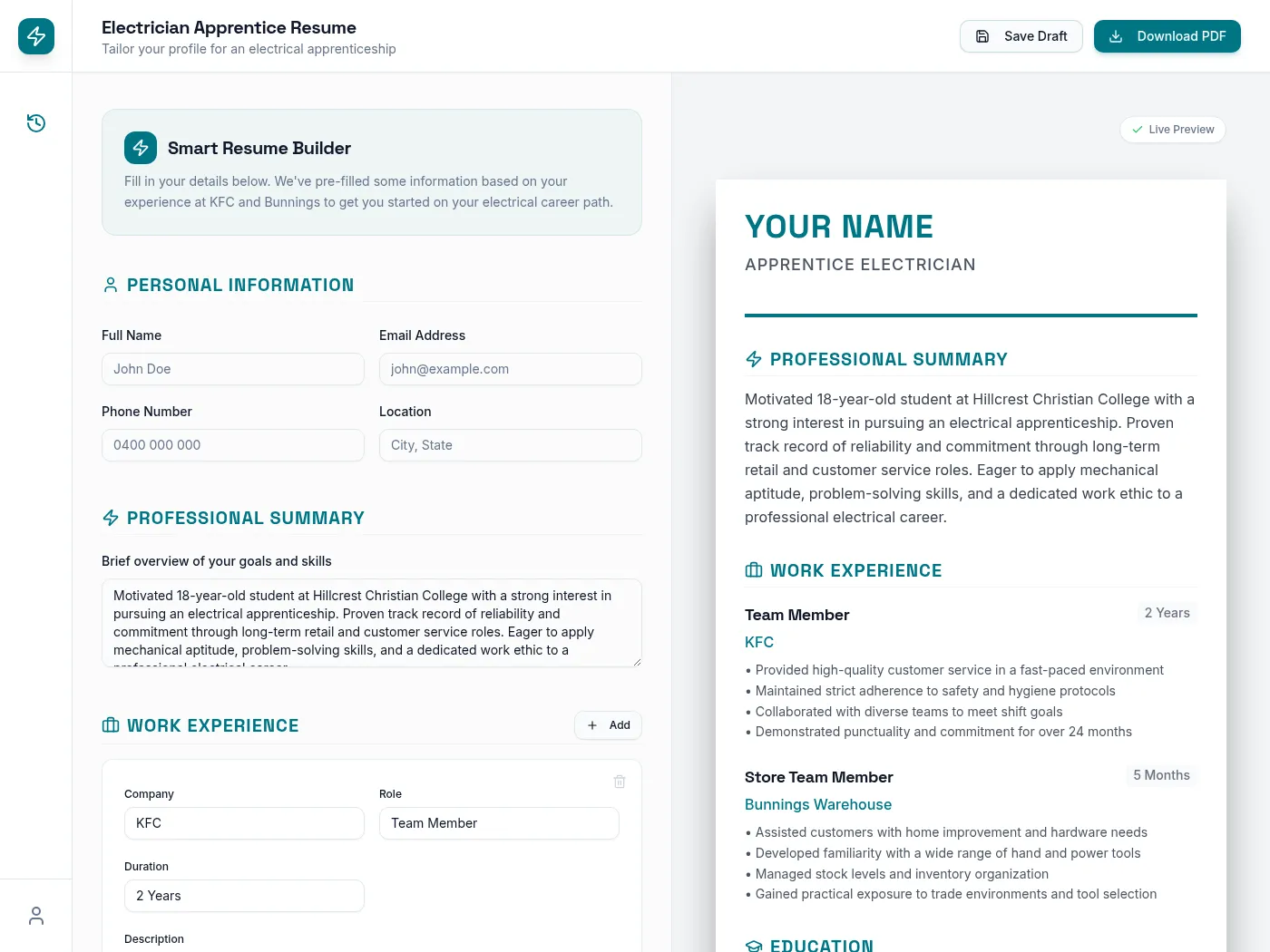 Electrician Resume Builder