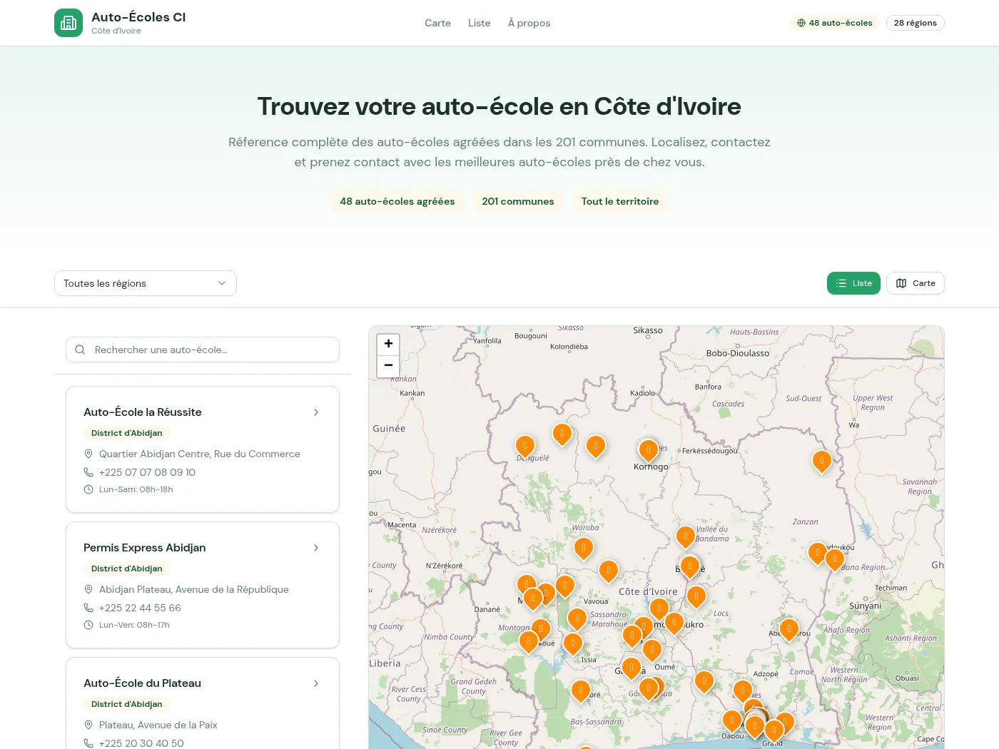 Côte d'Ivoire Auto-écoles Map