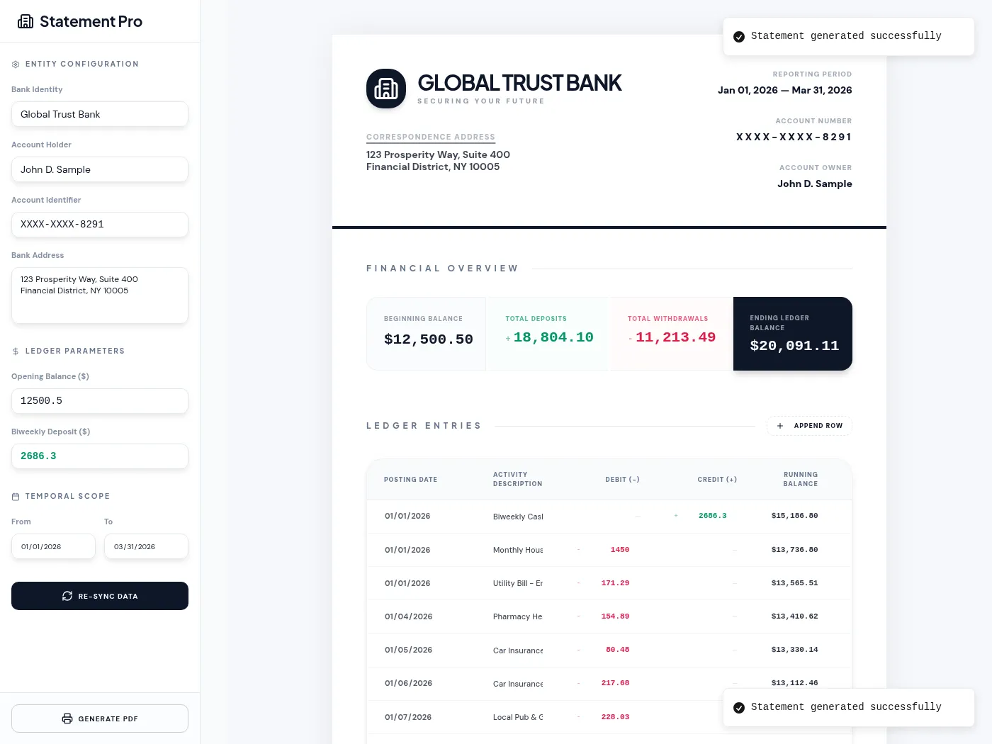 Editable Bank Statement Generator