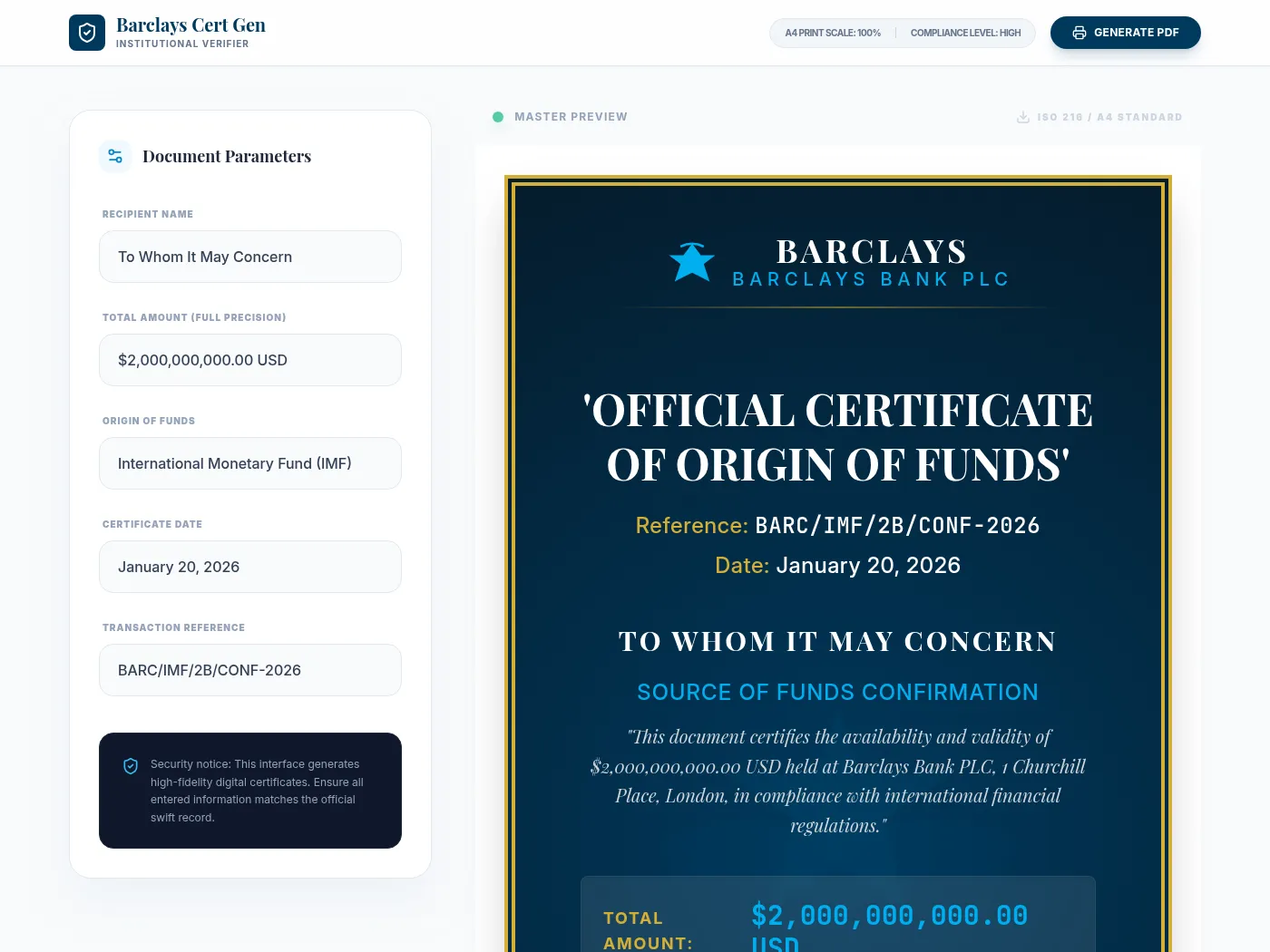 Barclays Origin Certificate