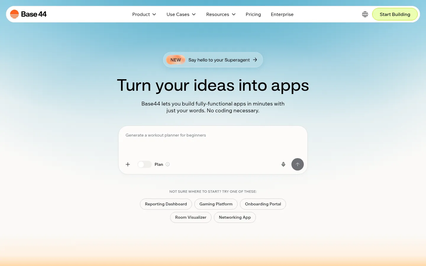 Base44 landing page — AI platform for internal business tools with auth, DB, and analytics all bundled