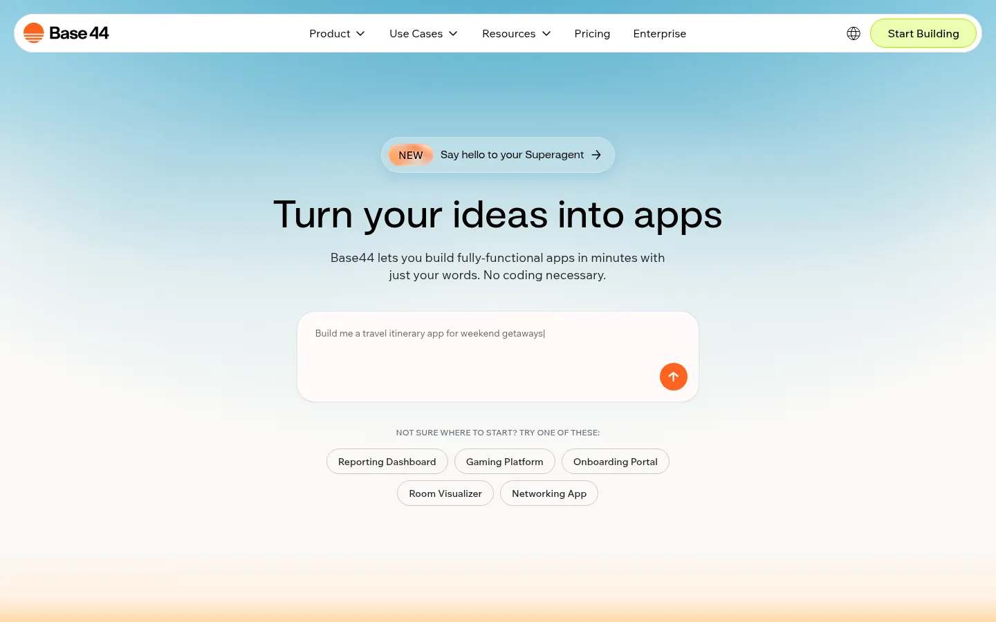 Base44 landing page — AI-first no-code platform for internal business tools with bundled backend