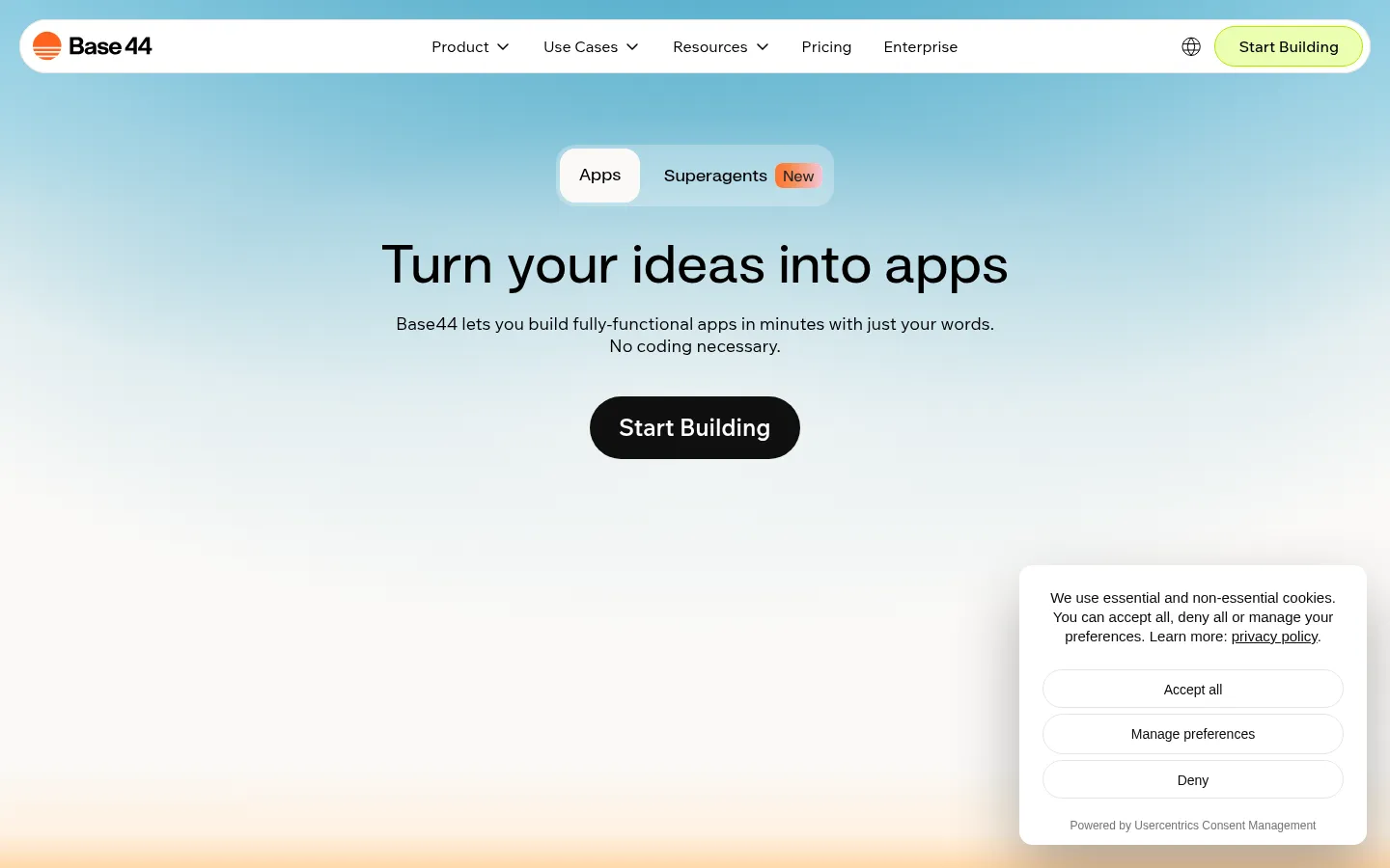 Base44 landing page — AI internal tool builder