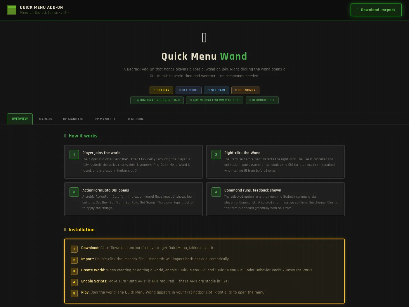 Minecraft Quick Menu Add-On