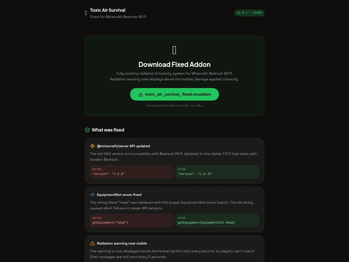 Bedrock Radiation Fix