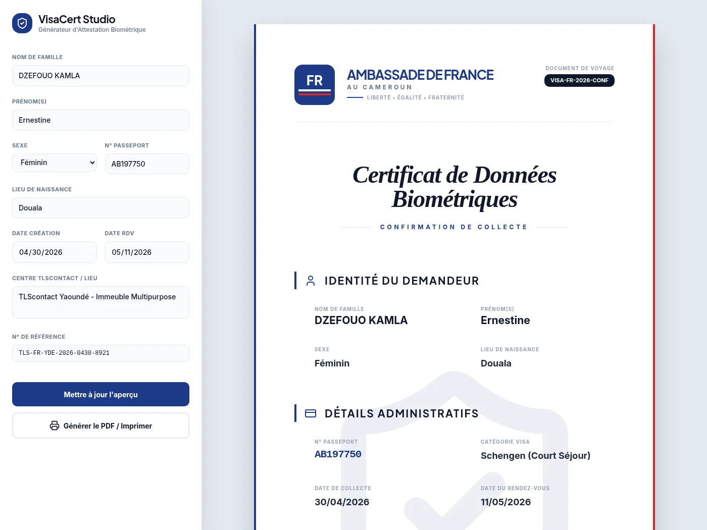 Biometric Result Certificate