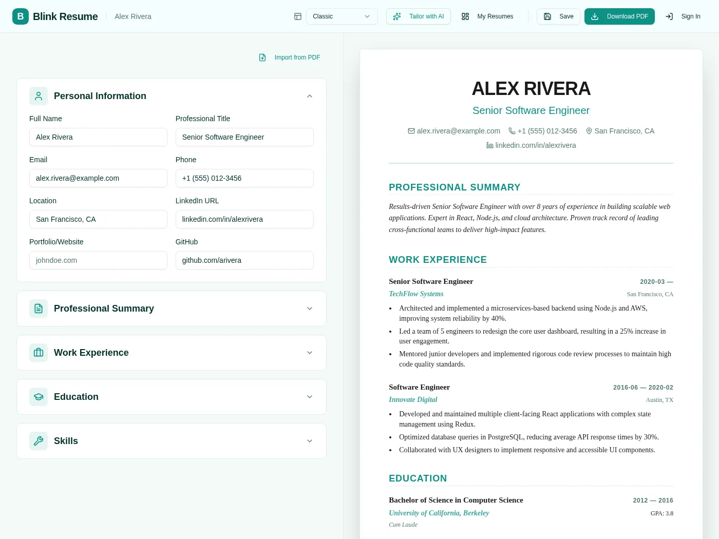 Blink Resume Builder