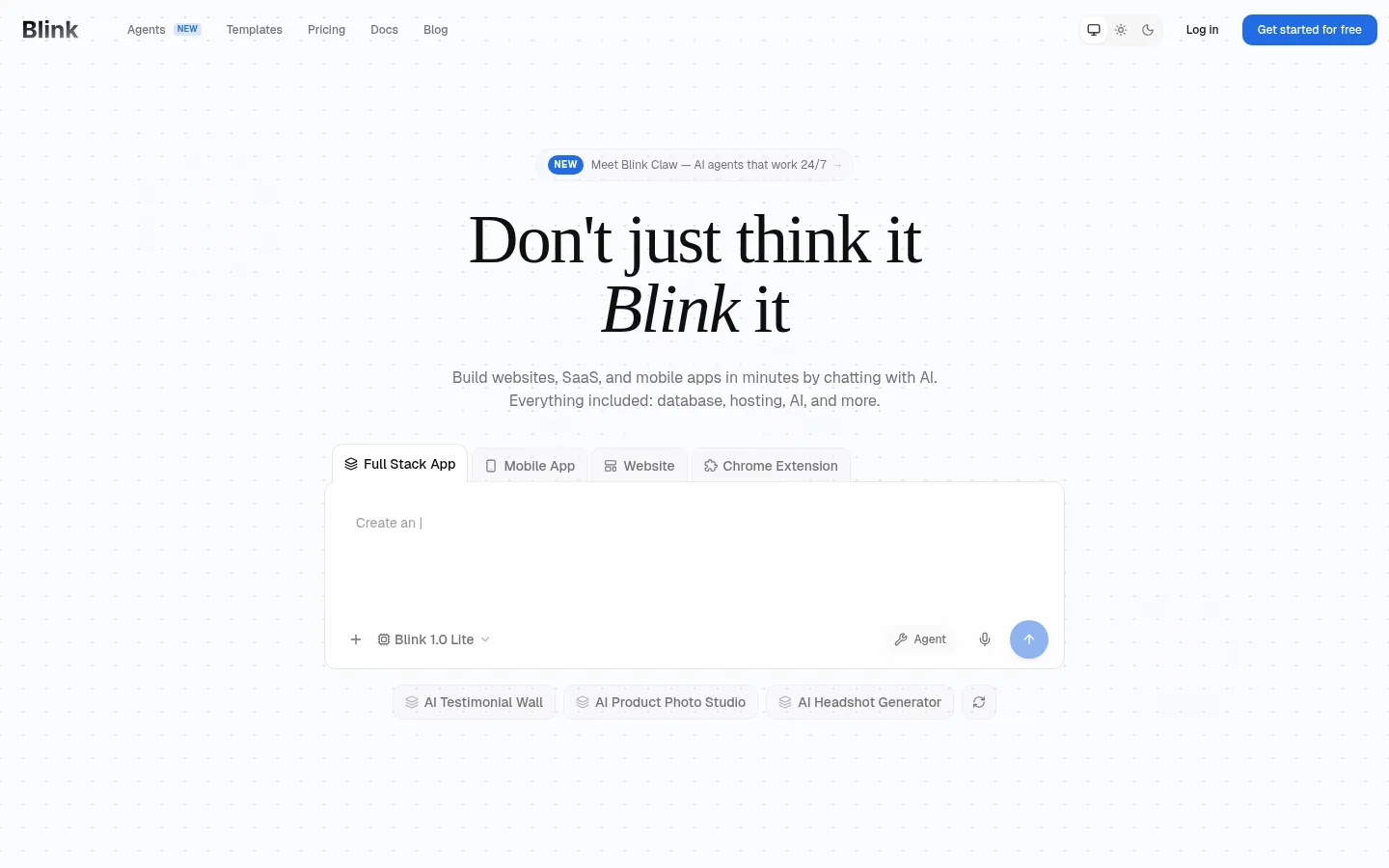 Blink landing page — AI app builder with database, authentication, and hosting included in one platform