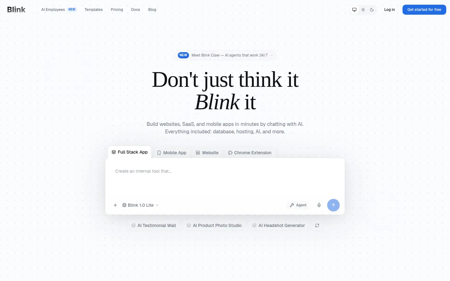 Blink landing page — full-stack AI app builder with database, auth, and hosting included