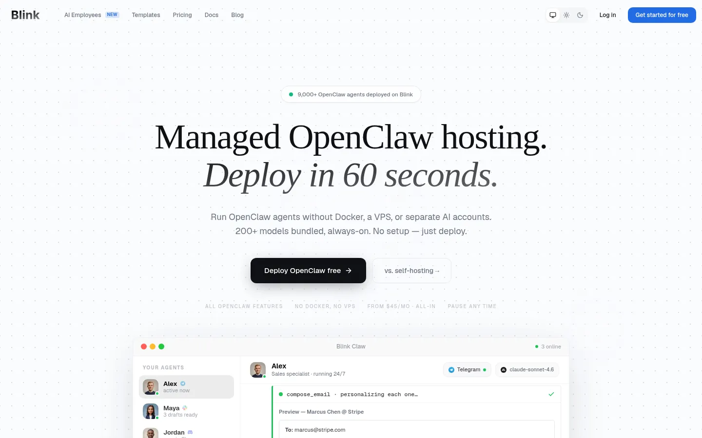 Blink Claw landing page — managed OpenClaw hosting from $22/mo annually, 200+ AI models included, no Docker required