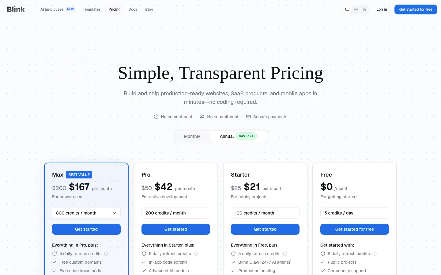 Blink pricing — free tier, Pro at $20/mo with database, auth, storage, and hosting all included
