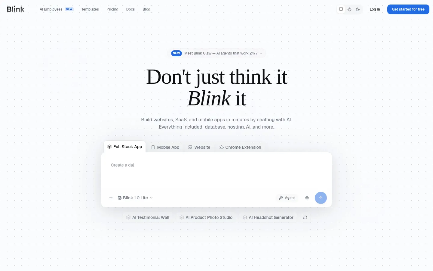 Blink landing page — full-stack AI app builder with database, auth, and hosting included out of the box
