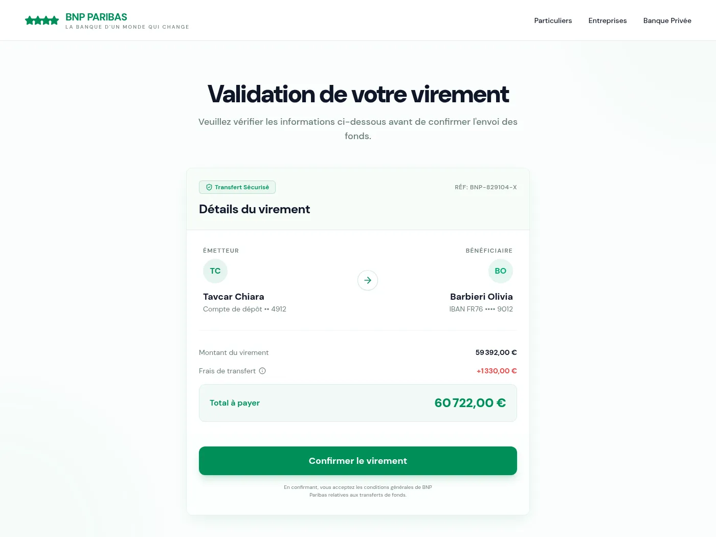BNP Paribas Transfer Page