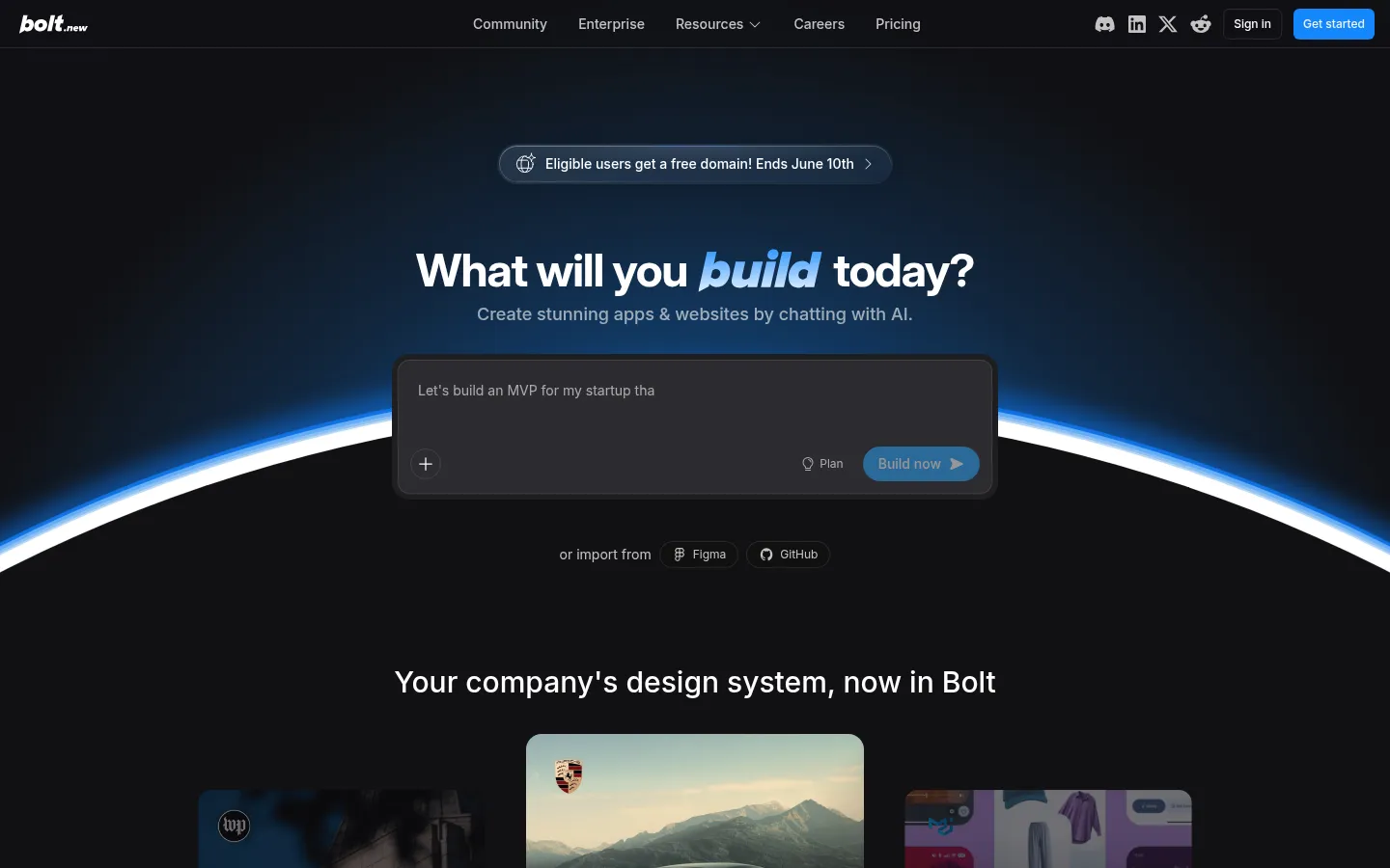 Bolt.new landing page — AI app generator with instant preview and full-stack in-browser development