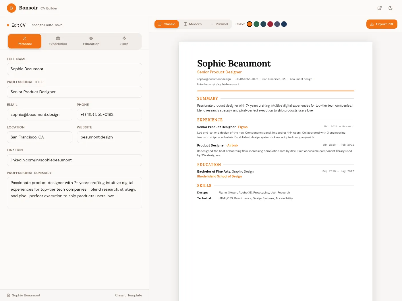 Bonsoir CV Builder