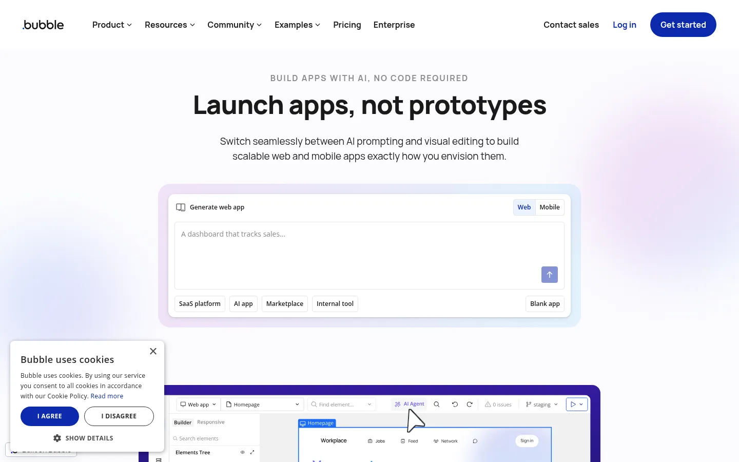 Bubble landing page — the original visual no-code platform with drag-and-drop editor and mature plugin marketplace