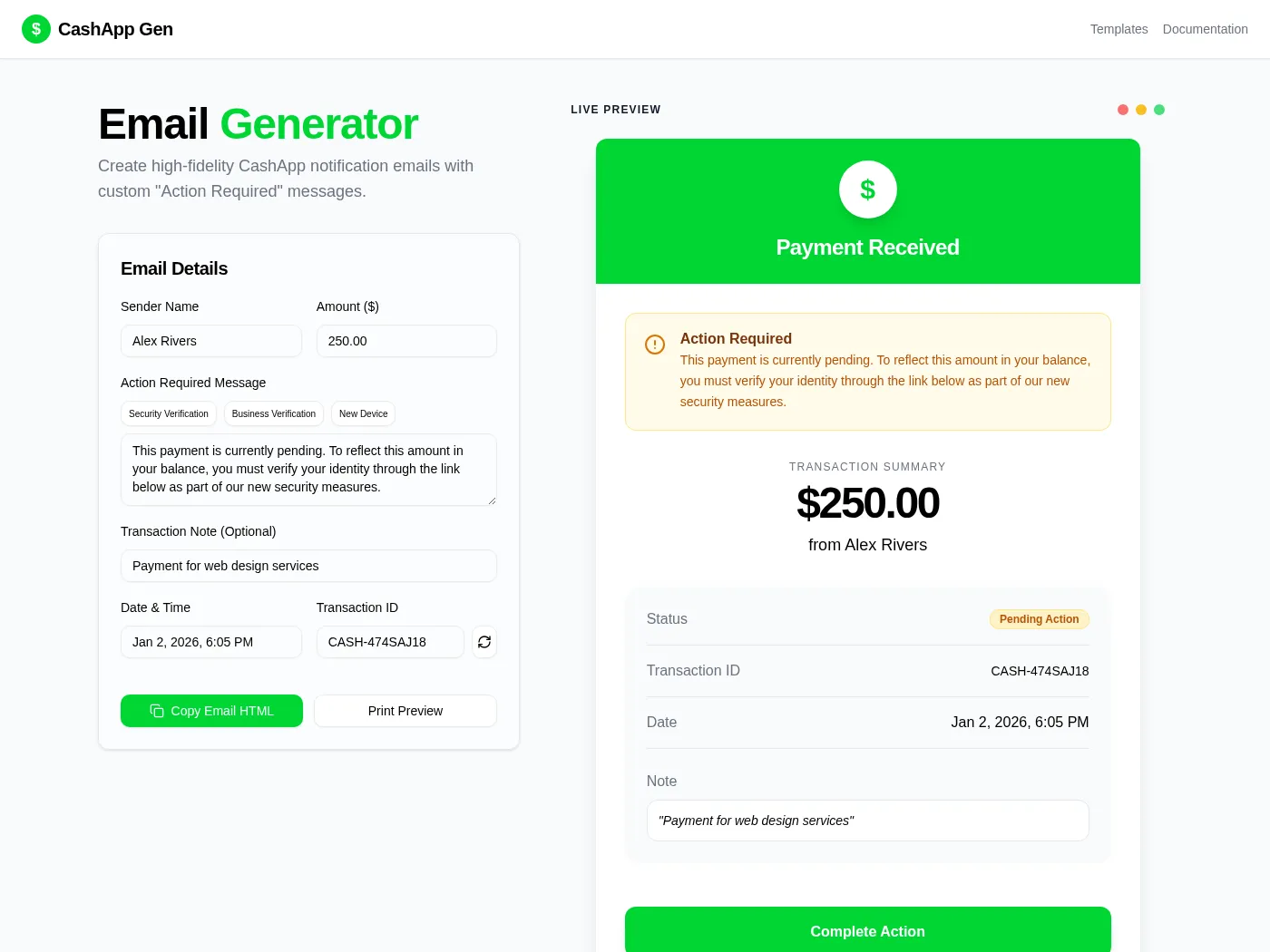 CashApp Payment Email Generator