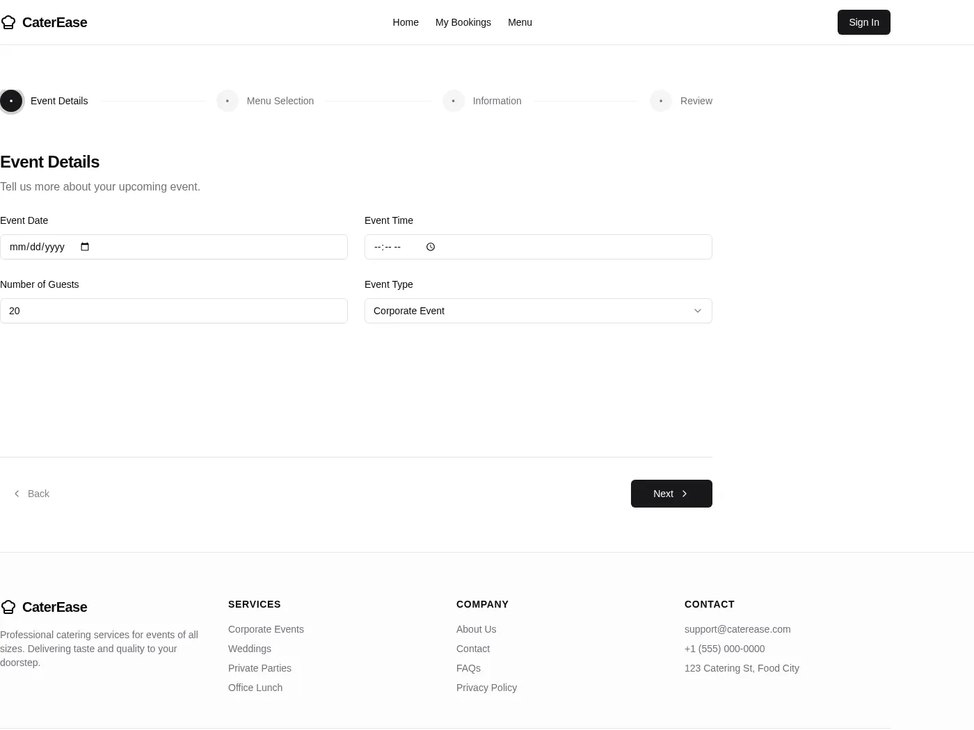 CaterEase Booking Form