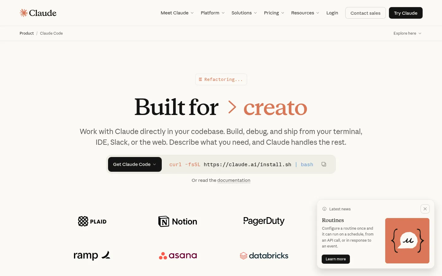 Claude Code landing page — Anthropic's terminal-native AI coding agent with plan-first design