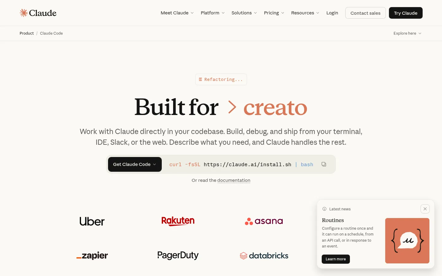 Claude Code landing page — Anthropic's terminal-native AI coding agent with plan-first design and Opus 4.6