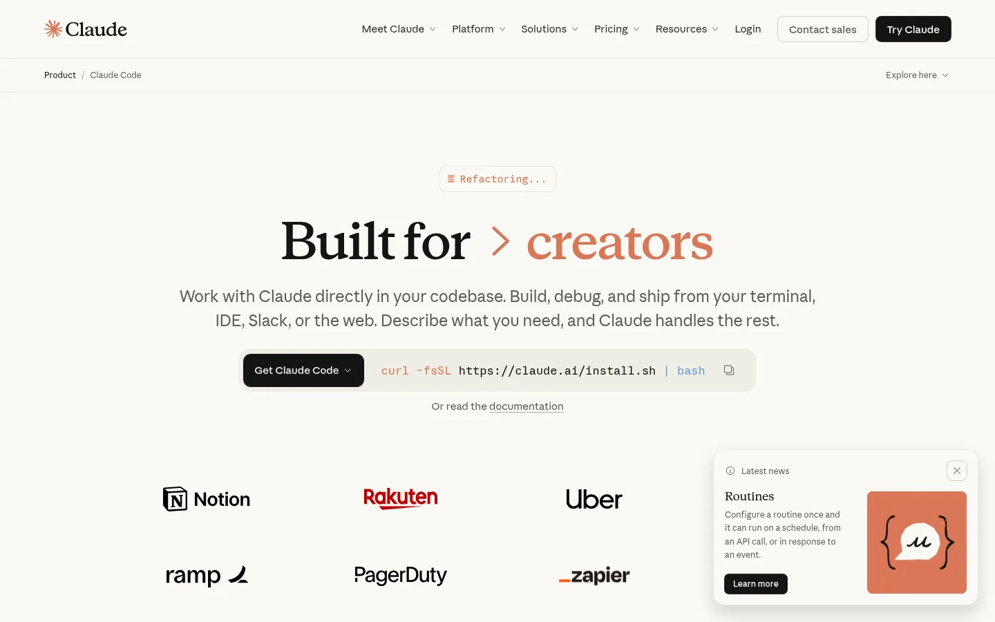 Claude Code landing page — Anthropic's terminal-native AI coding agent with plan-first design