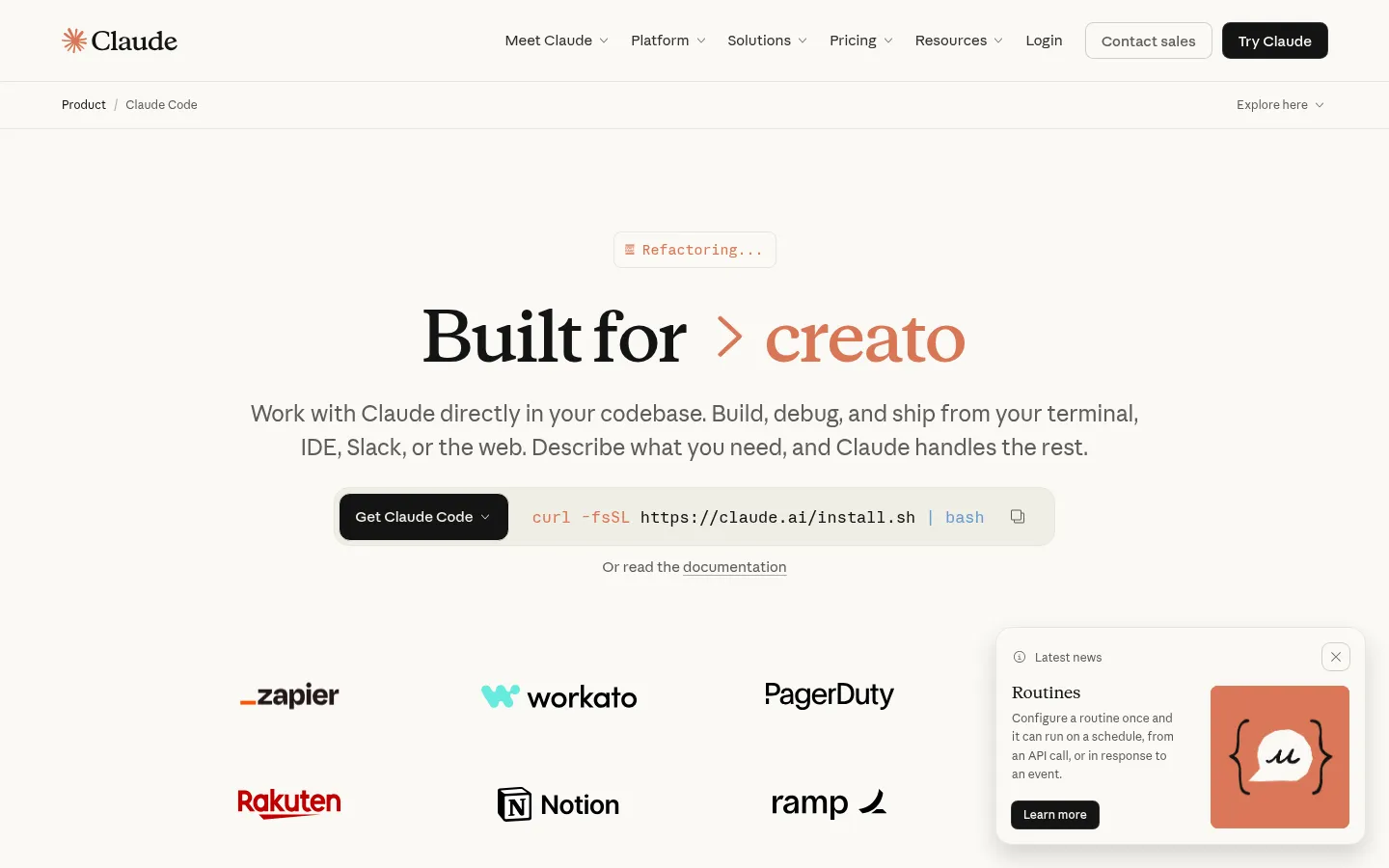 Claude Code landing page — Anthropic terminal-first AI coding agent with deep codebase reasoning