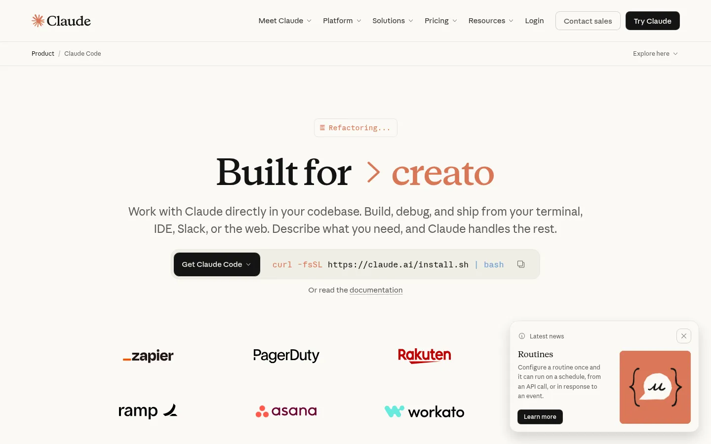 Claude Code landing page — Anthropic's terminal-native AI coding agent with plan-first design and Opus 4.6