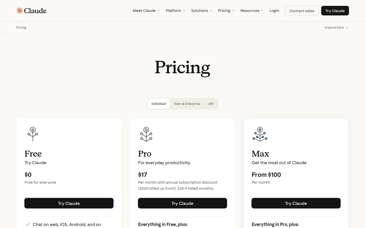 Claude Pro pricing page showing $20/mo with Claude Code bundled at no additional cost