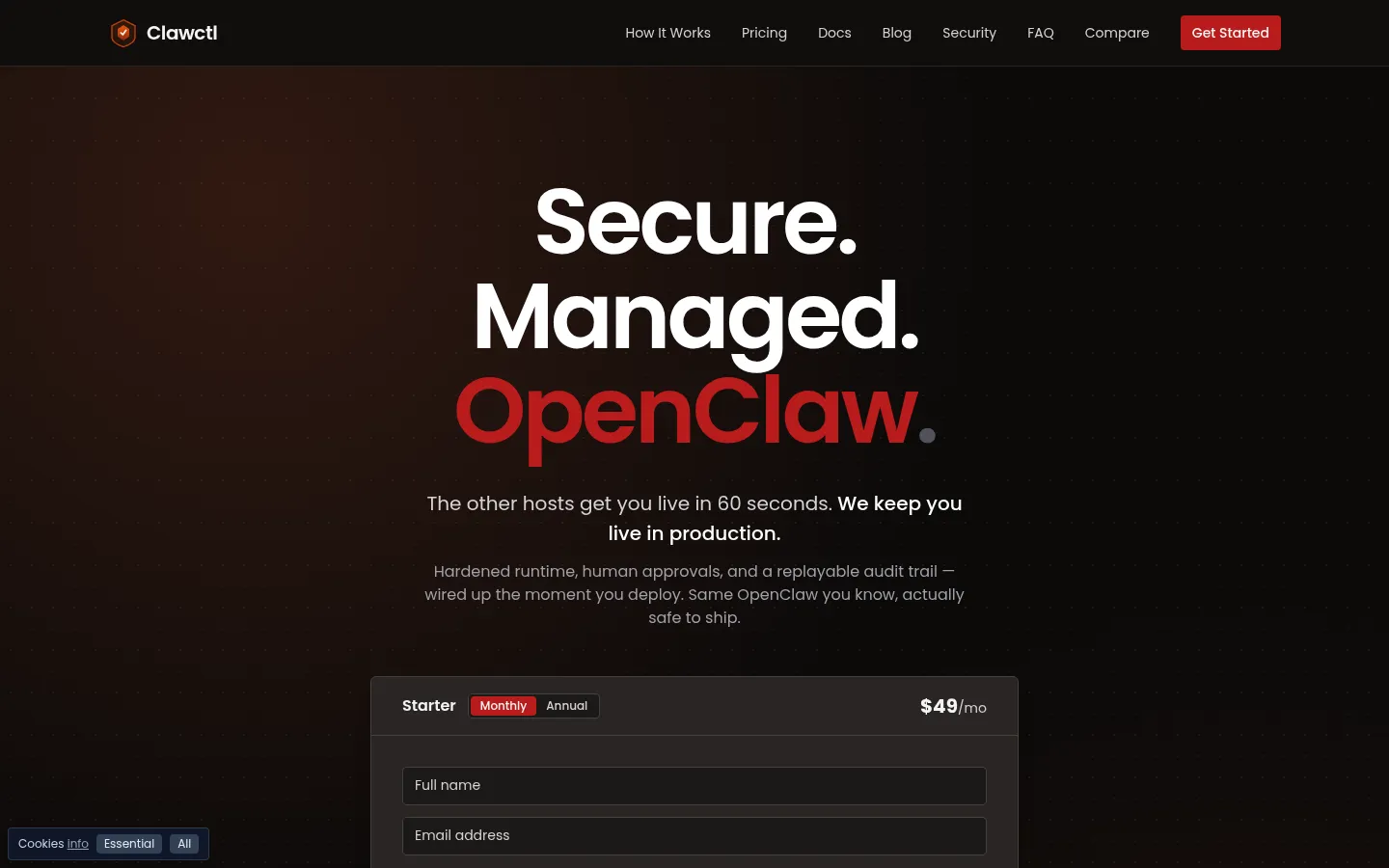 clawctl.com landing page — BYOK OpenClaw managed hosting with full configuration flexibility for power users