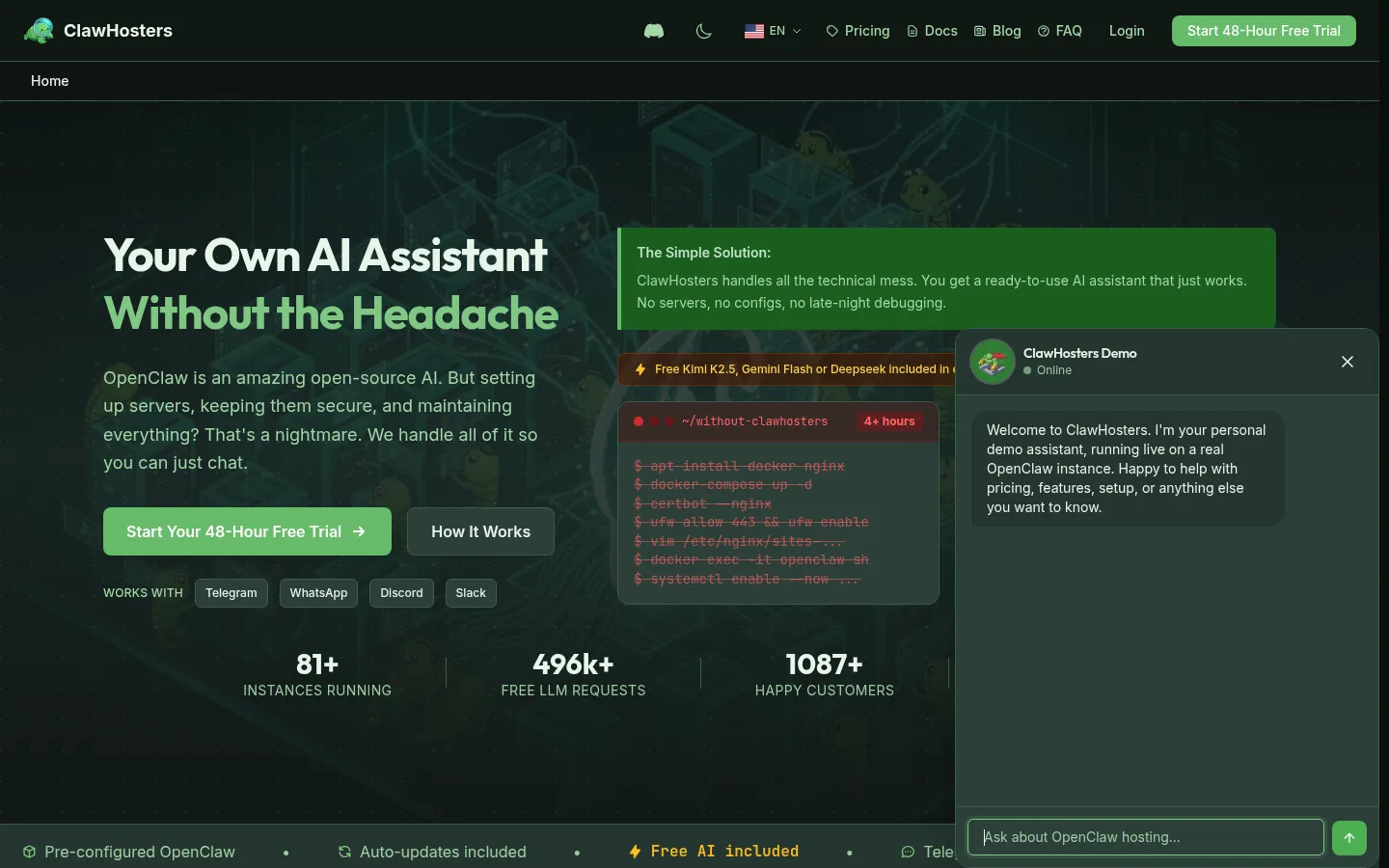 clawhosters.com landing page — EU-based OpenClaw hosting with GDPR compliance and European data residency