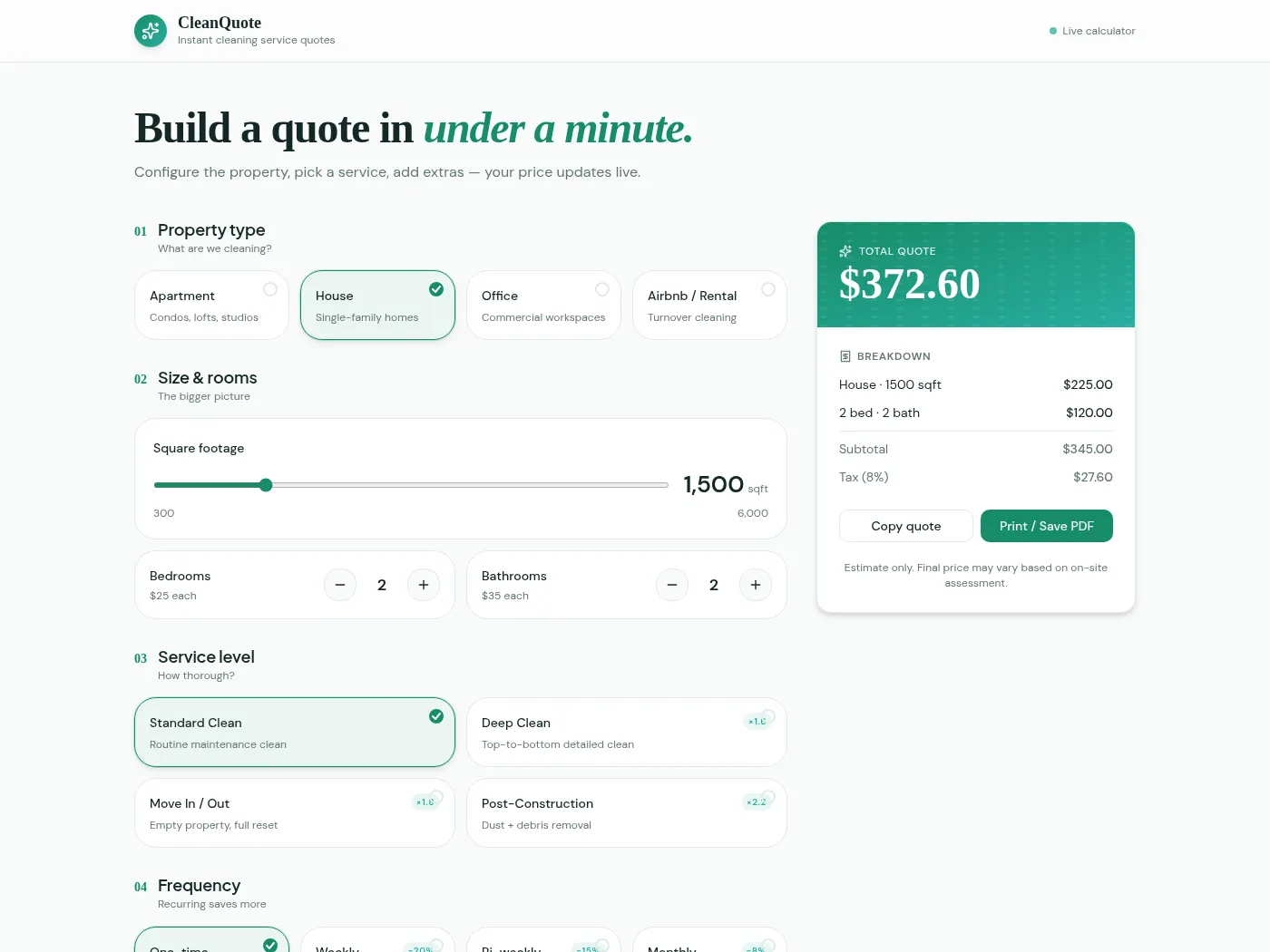 CleanQuote Calculator