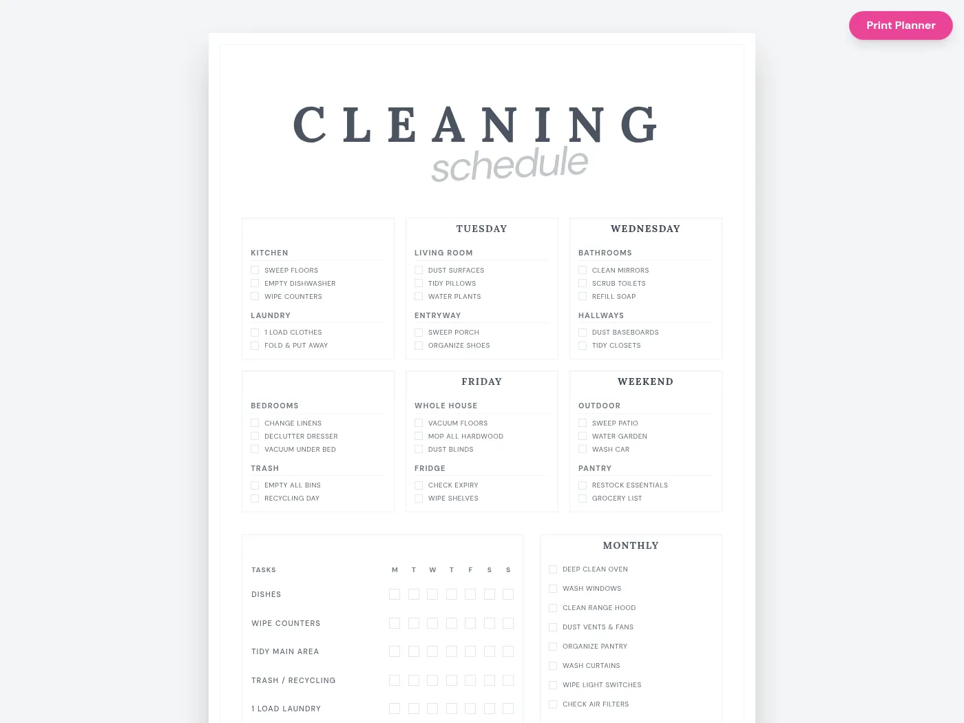 Minimalist Cleaning Planner
