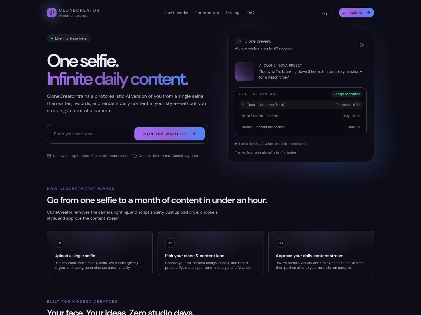 CloneCreator Landing Page