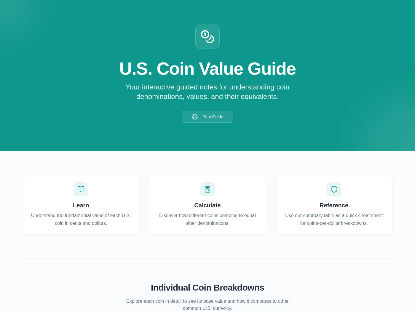 Coin Value Guide Sheet