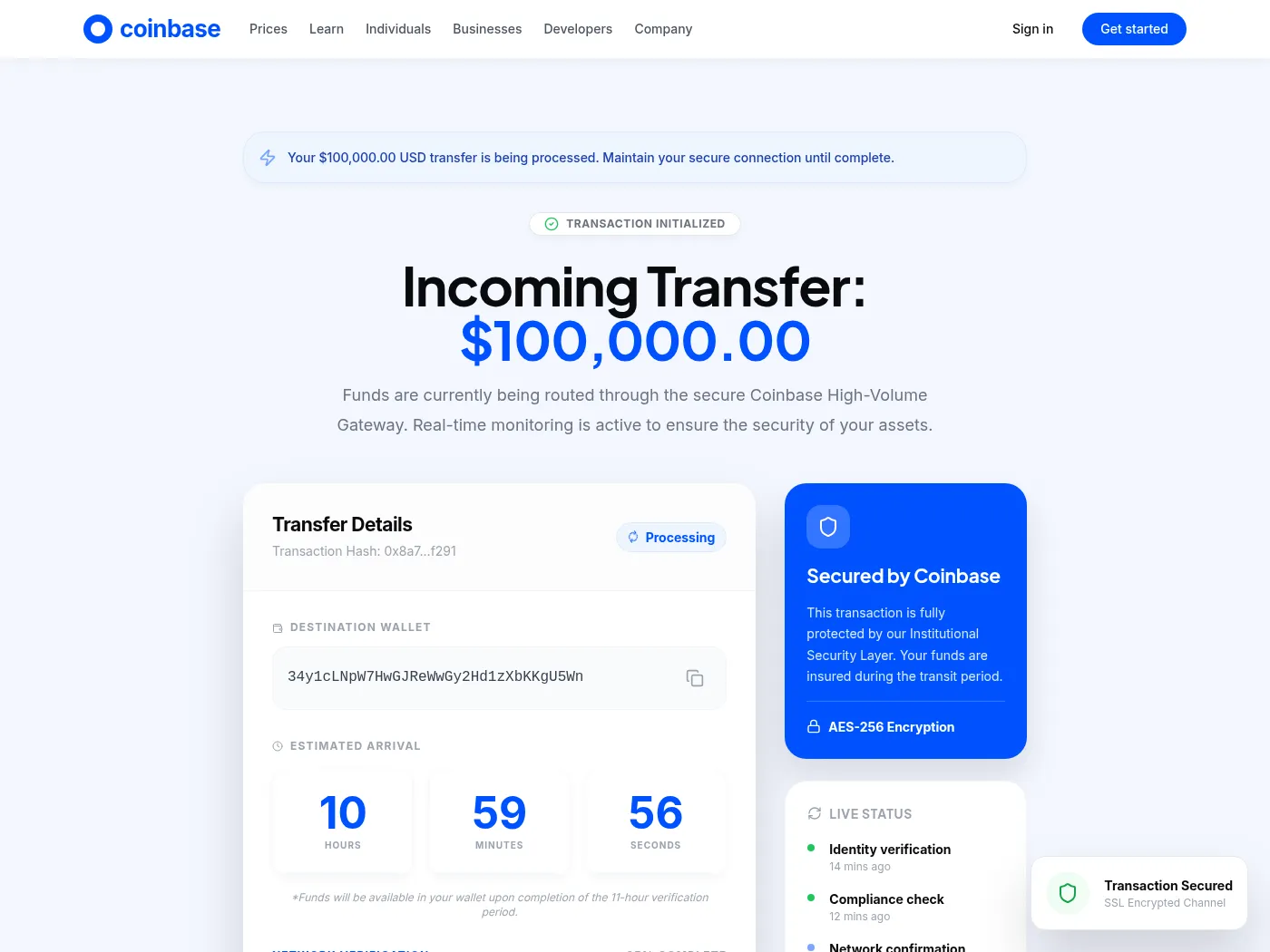 Coinbase Transfer Timer