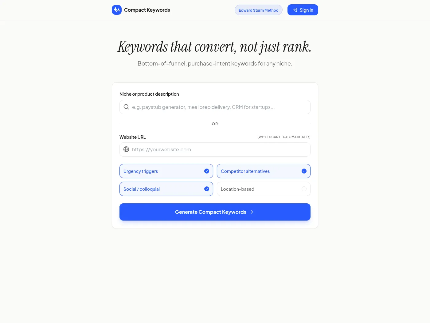 Compact Keywords Generator