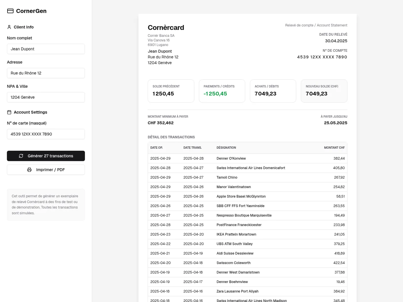 CornerCard Statement Generator