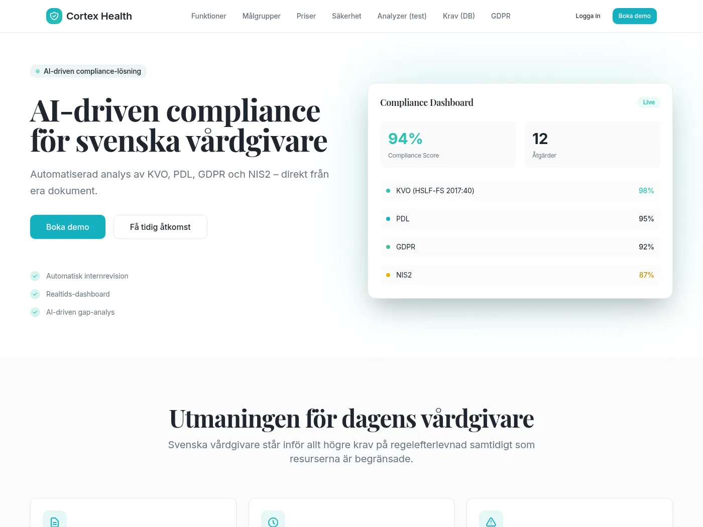 Cortex Health – Modern svensk SaaS-hemsida för AI-driven compliance och kvalitetsarbete i vården