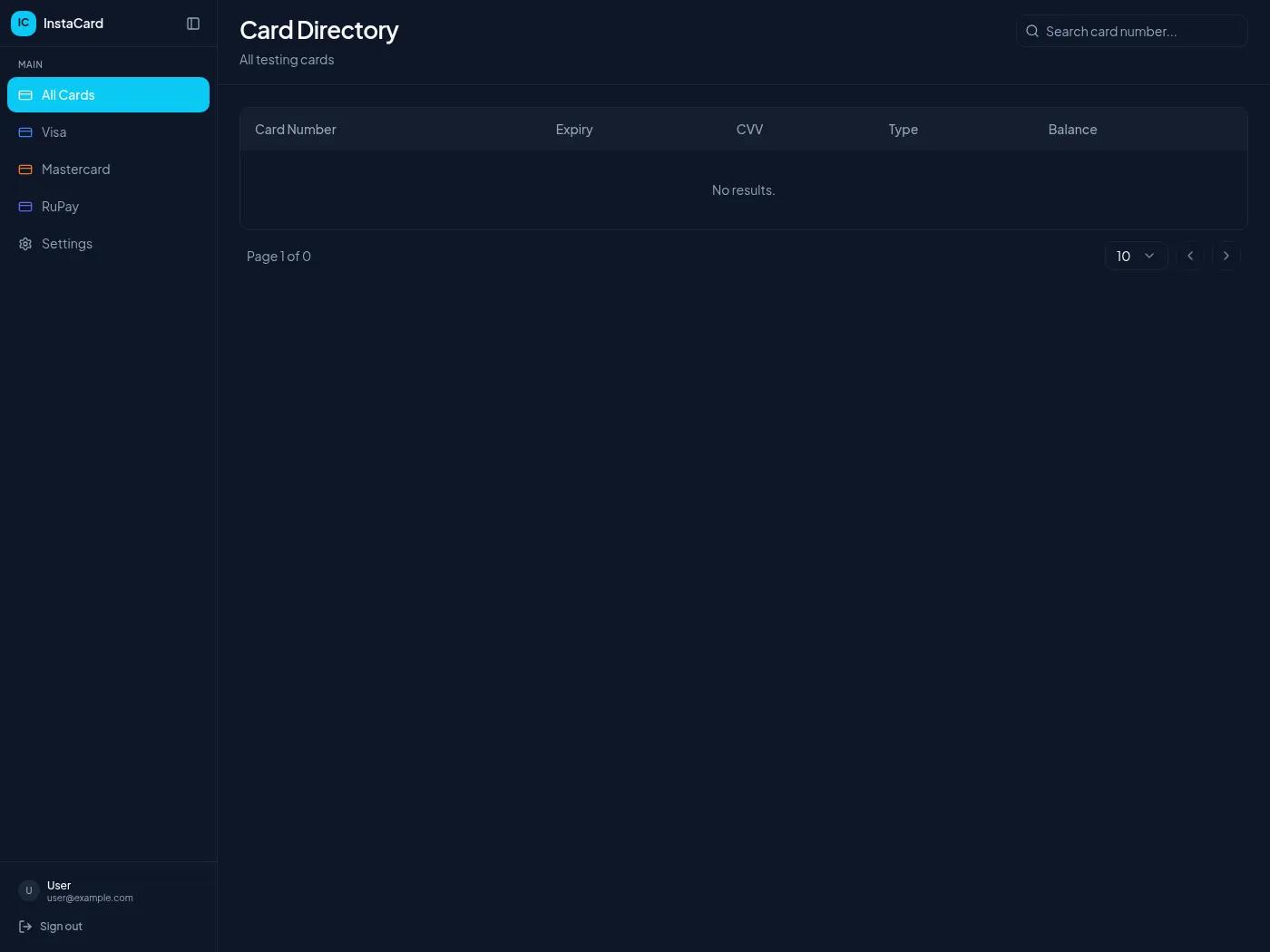 InstaCard Tester Site