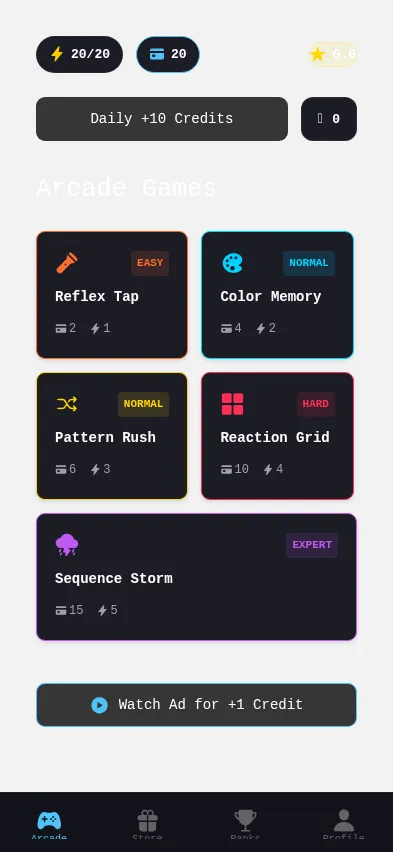CreditRush Mini-Game Arcade