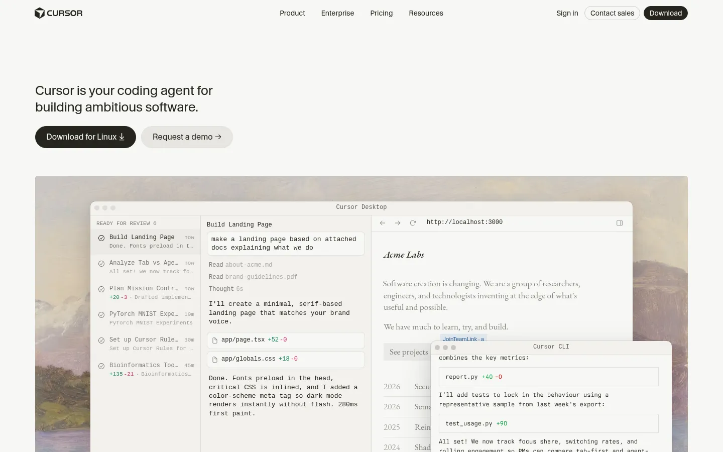 Cursor landing page — AI coding IDE built on VS Code with tab completion and Composer agent mode