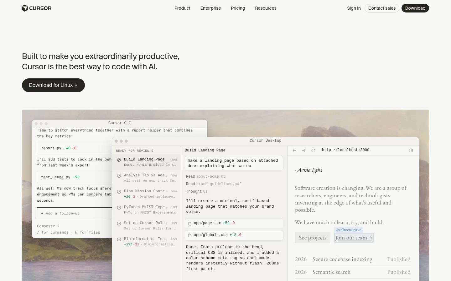 Cursor landing page — AI-first VS Code fork with multi-file agent edits and frontier model access