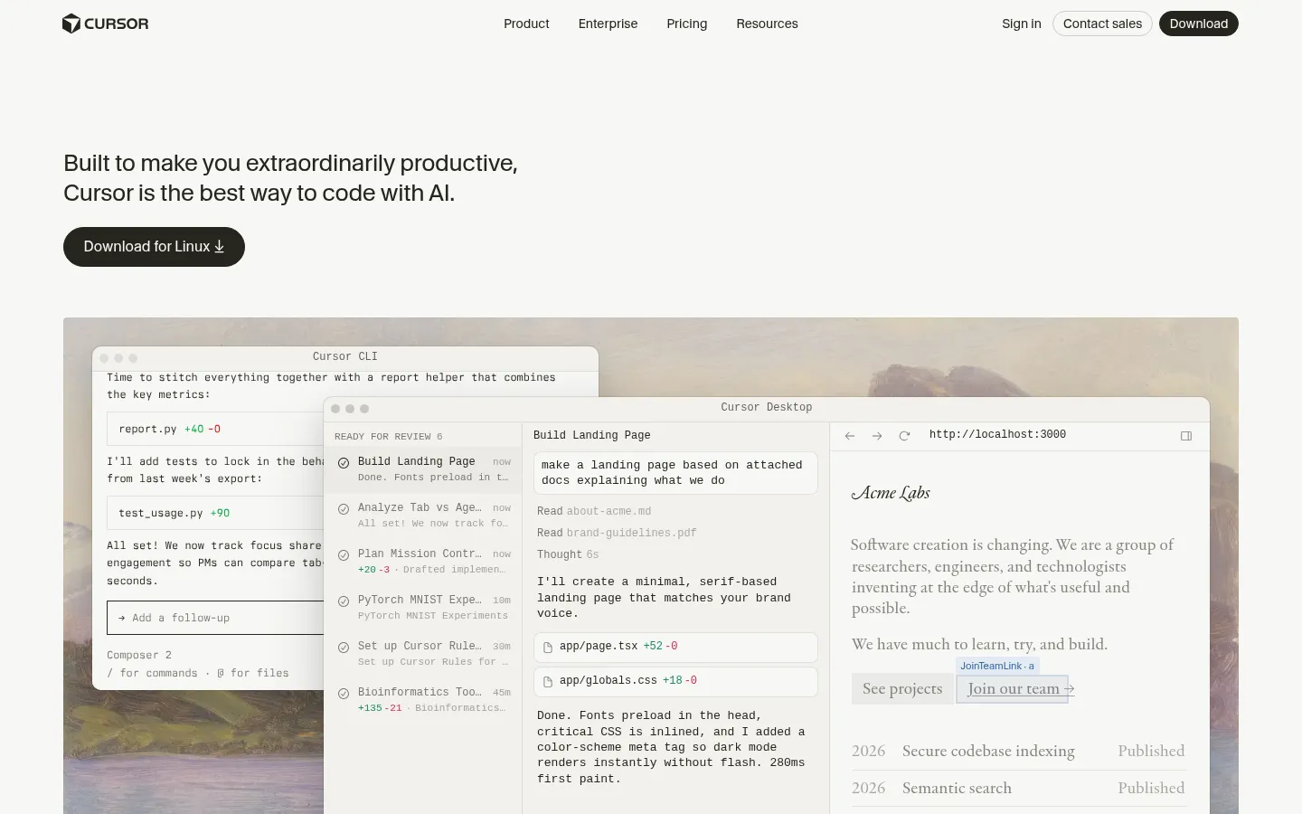 Cursor landing page — AI-first code editor with deep codebase indexing and multi-file agent edits